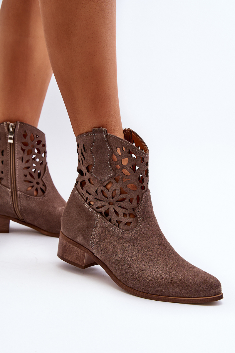 Ażurowe Botki Kowbojki Na Niskim Obcasie Zamszowe Zazoo 3404 Brązowe