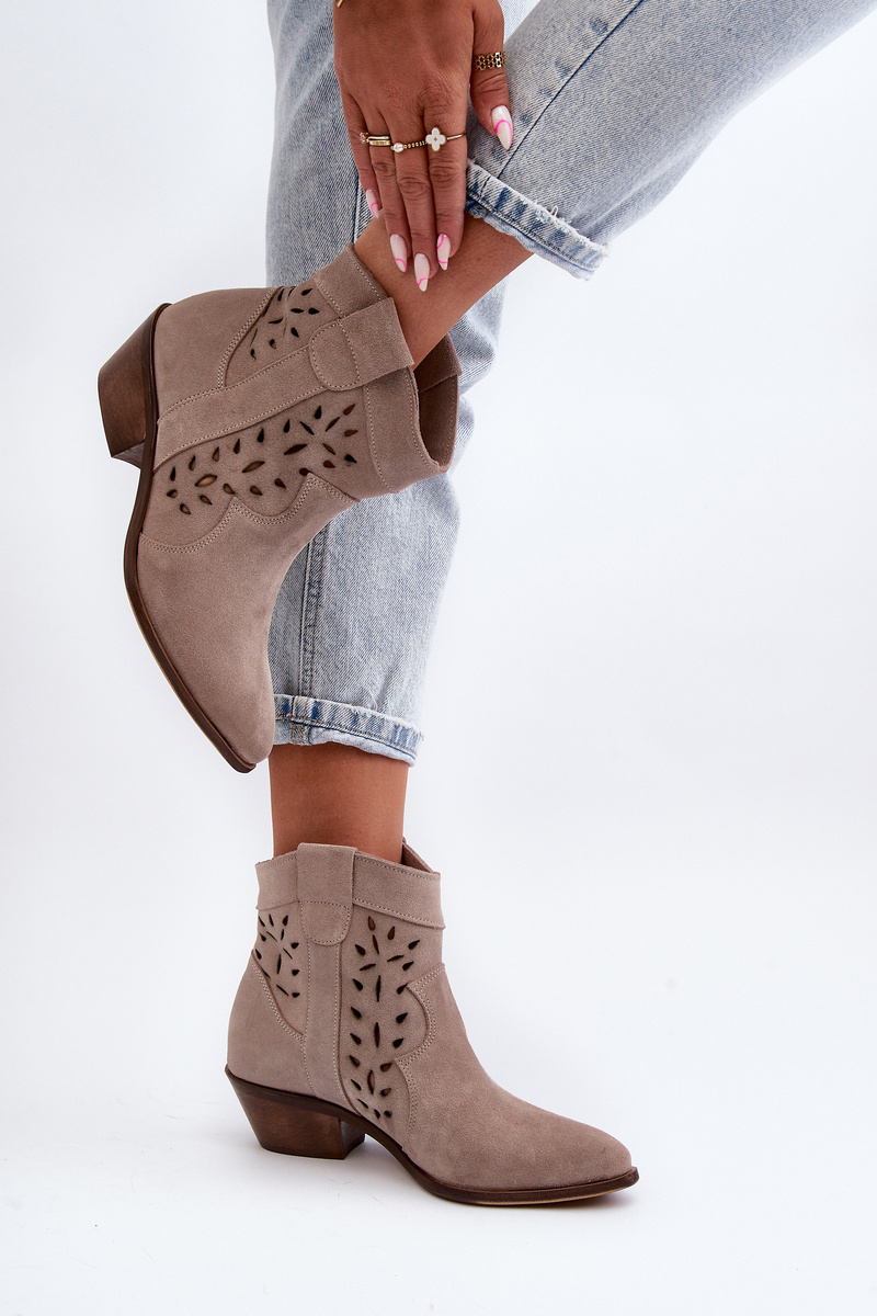 Zamszowe Botki Na Niskim Obcasie Ażurowe 2870 Zazoo Beżowe