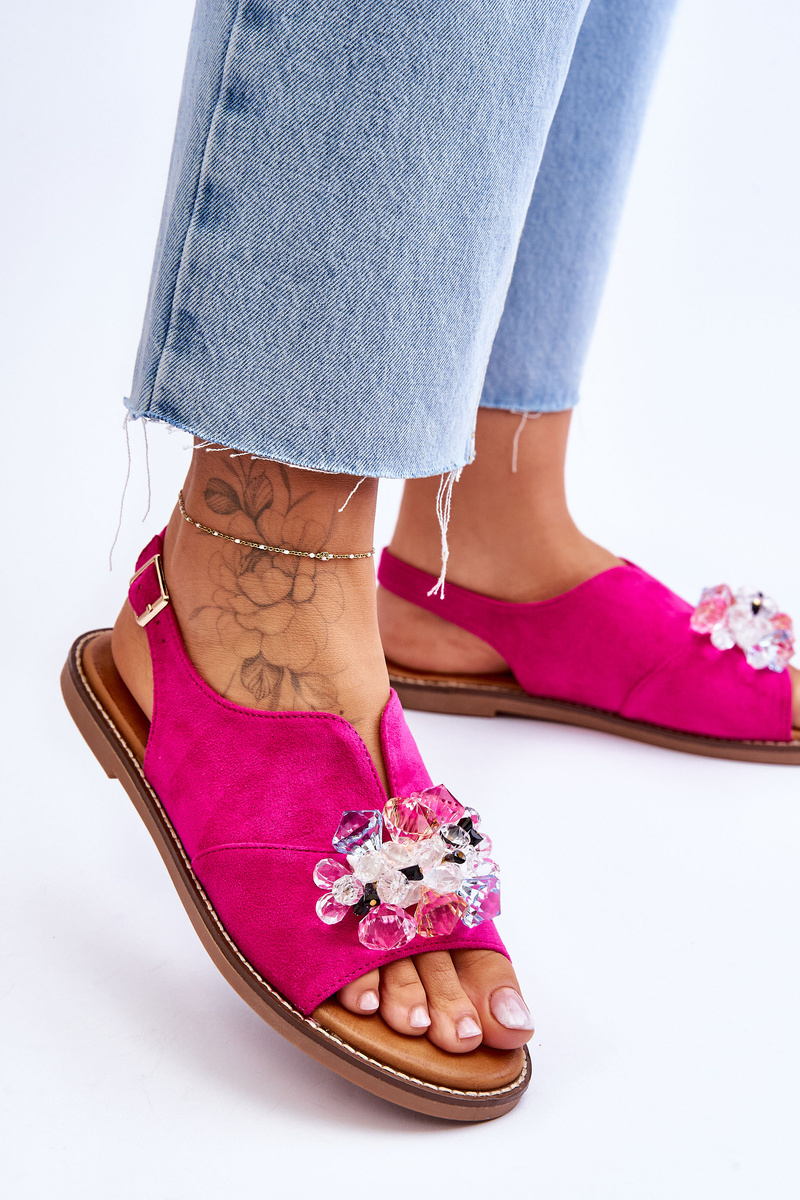 Damskie Zamszowe Sandały Z Kamieniami Fuksja Mersea